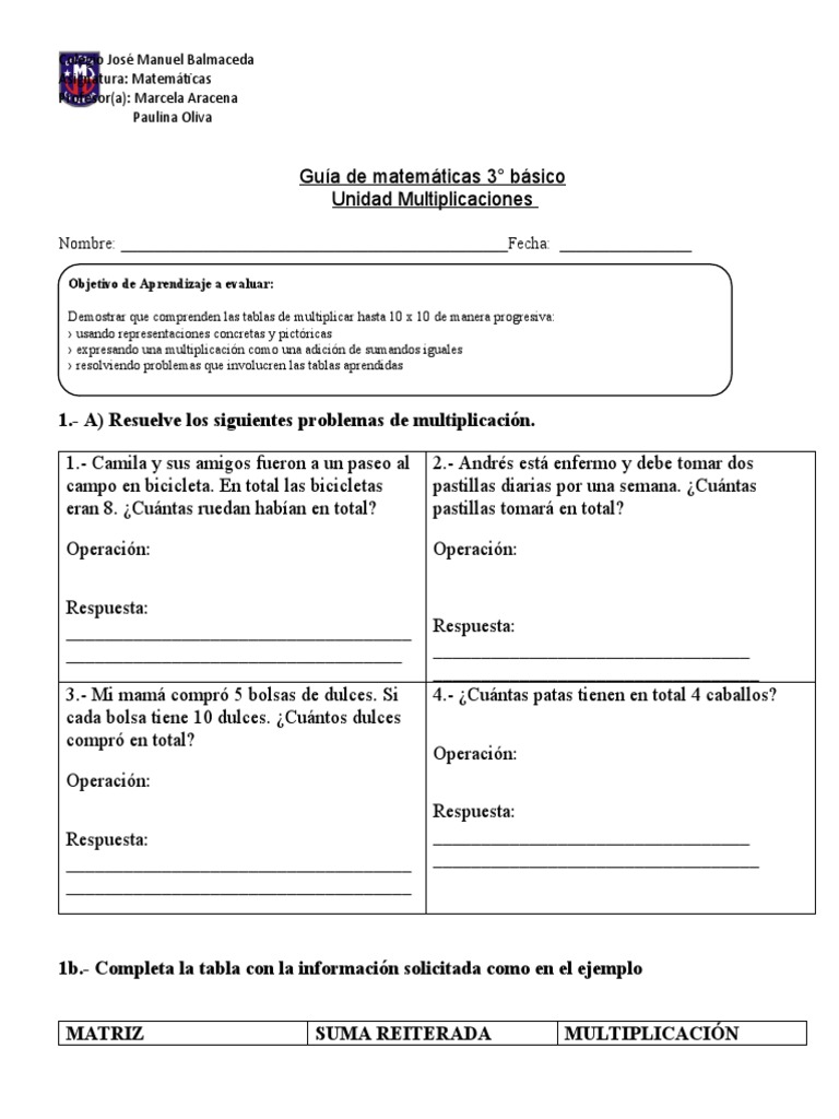 Guía Tercero Basico Multiplicaciones | PDF | Multiplicación | Matemáticas