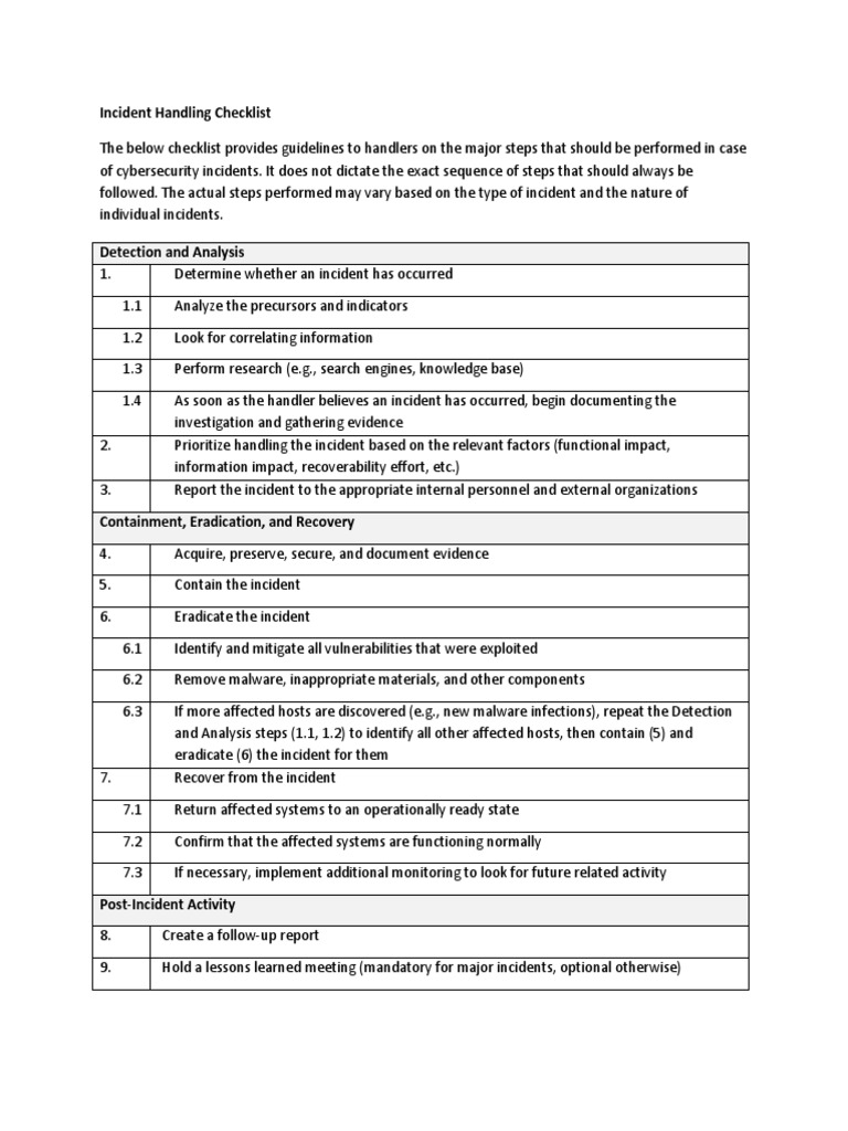 Cybersecurity Incident Handling Checklist | PDF