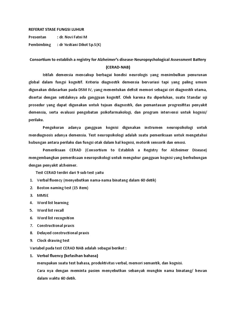 Uji Neuropsikologi CERAD untuk Demensia | PDF