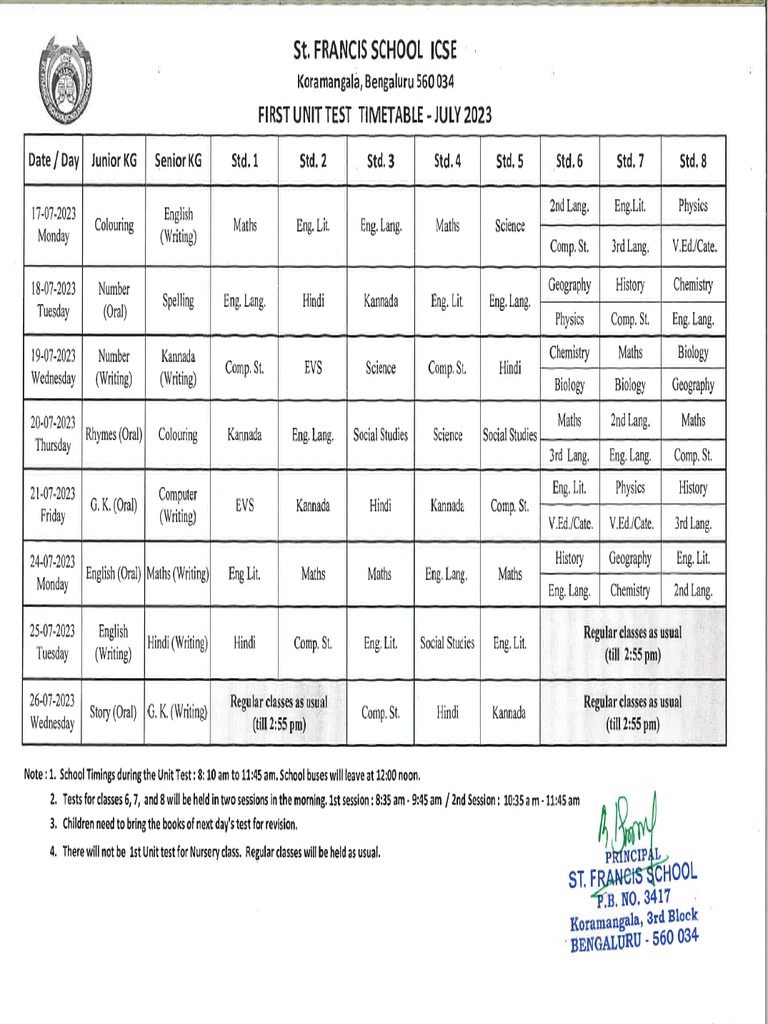 First Unit Test Time Table (July 2023) | PDF