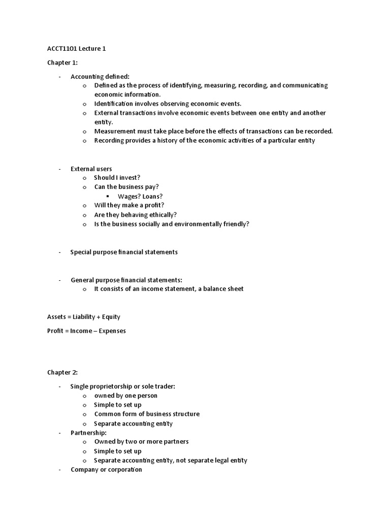 Acct1101 Lecture 1 Pdf Business Financial Statement