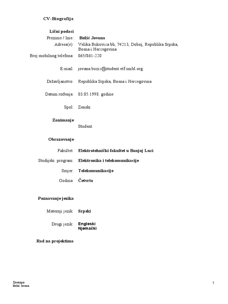 Prijedlog Biografije CV | PDF