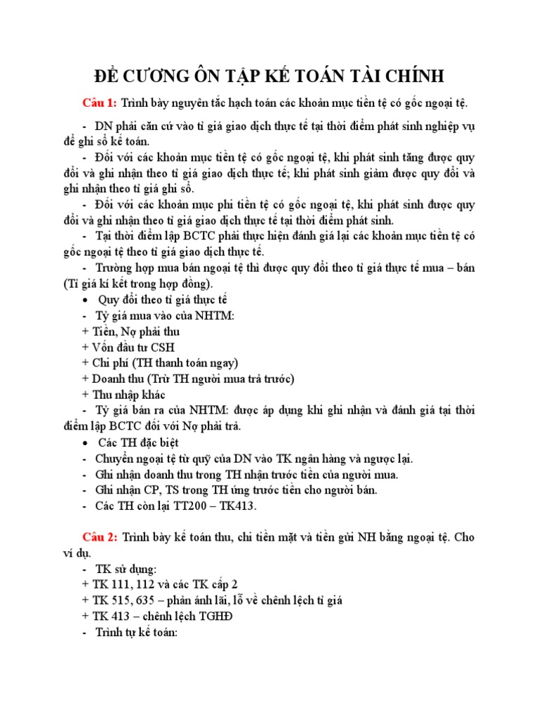 ĐỀ CƯƠNG ÔN TẬP KTTC | PDF