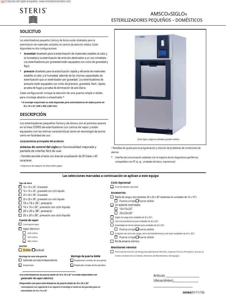 Steris Amsco Century Small Domestic Technical Brochure - En.es | PDF | Vapor | Esterilización ...