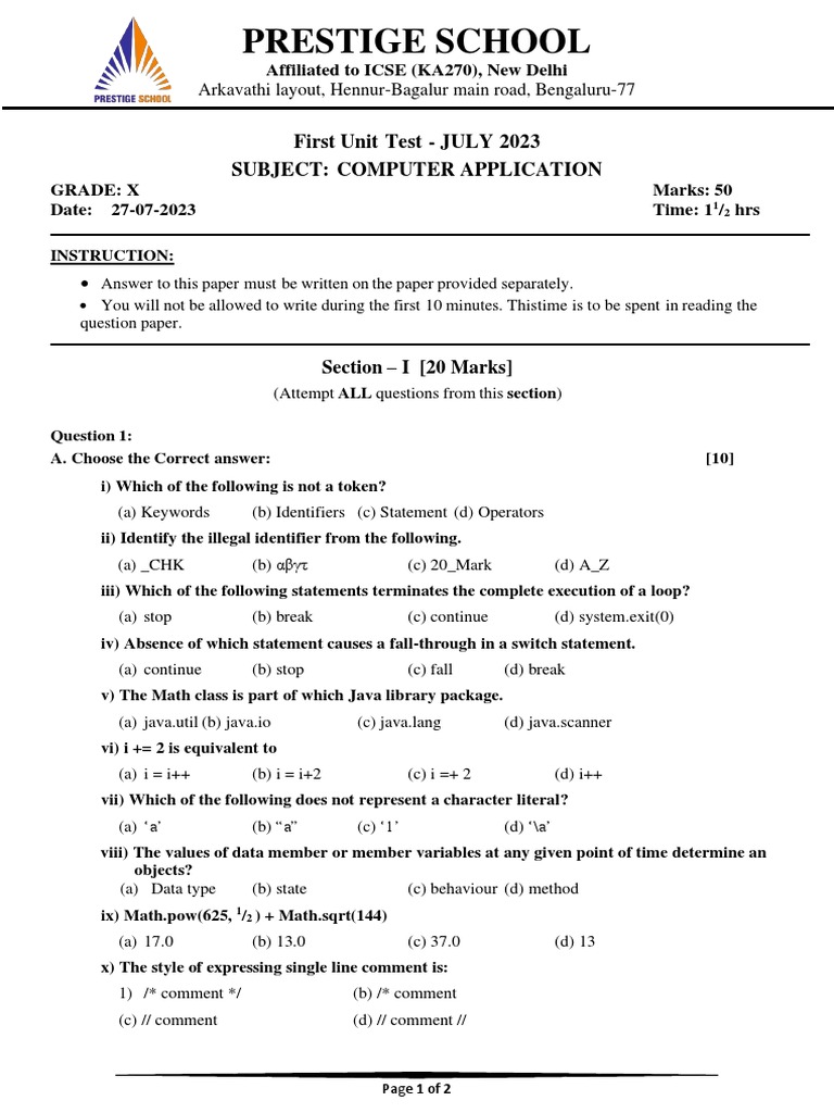 10th Computer Unit Test I Paper | PDF | Method (Computer Programming ...