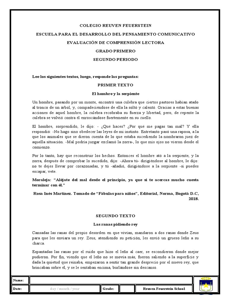 Evaluación Comprensión Lectora Grado Primero 2 Periodo 2o21 | PDF