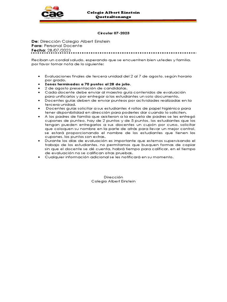Circular No. 7 Docentes | PDF