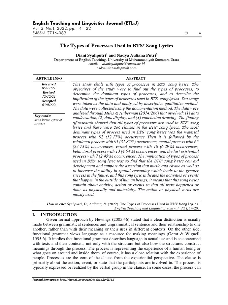 The Types of Processes Used in BTS' Song Lyrics | PDF | Human ...