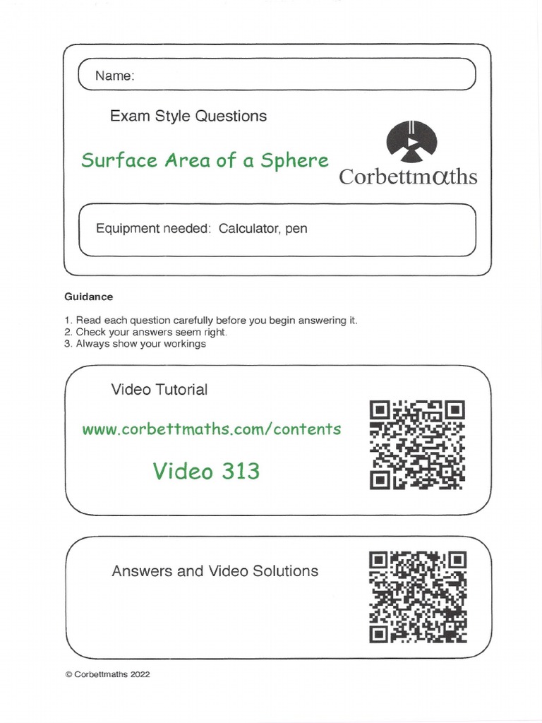 Surface Area of A Sphere Answers | PDF