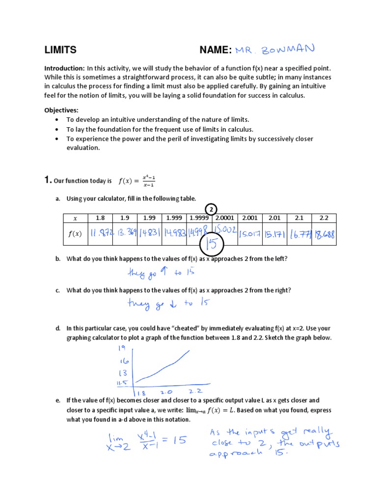 A-1. Limits Intuitive Intro - Answes | PDF | Function (Mathematics ...