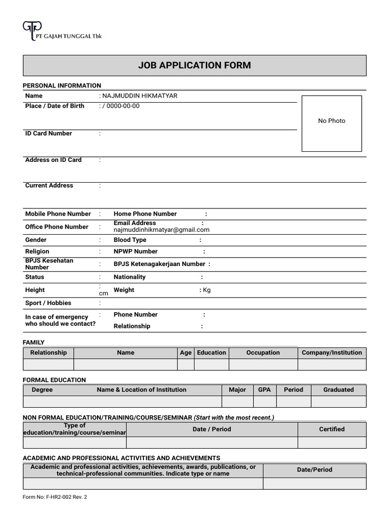 Application Form. Gajah Tunggal | PDF