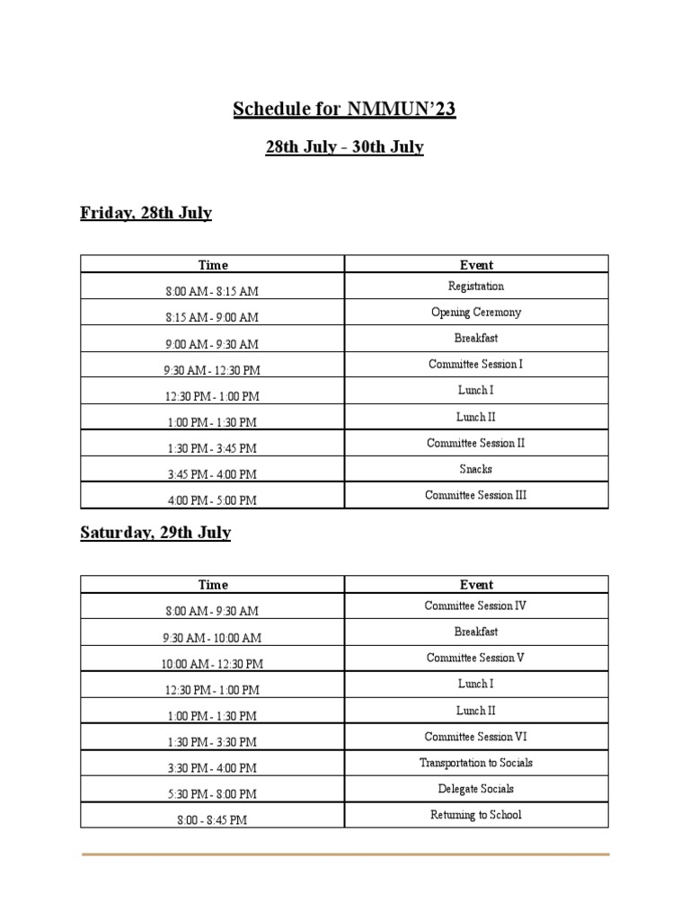 NMMUN'23 Event Schedule: July 28-30 | PDF