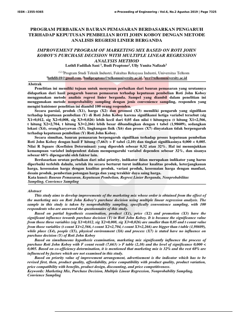 Improvement Program of Marketing Mix Based On Roti John Koboy'S Purchase Decision With Multiple ...