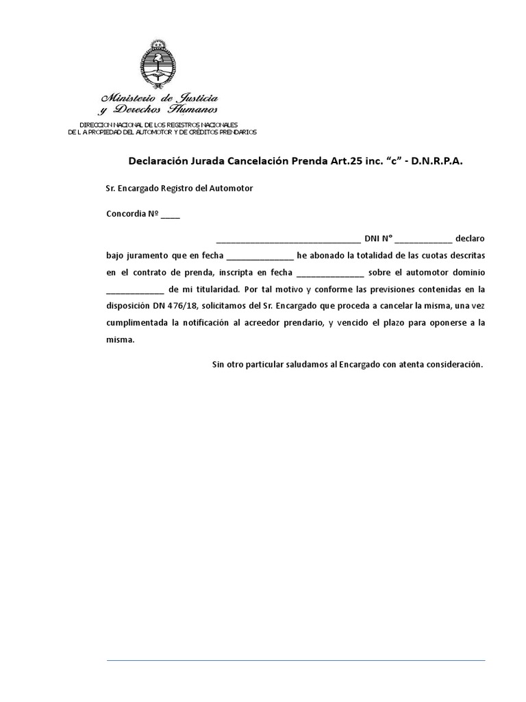 NOTA - DDJJ Cancelación Prenda Inc C | PDF