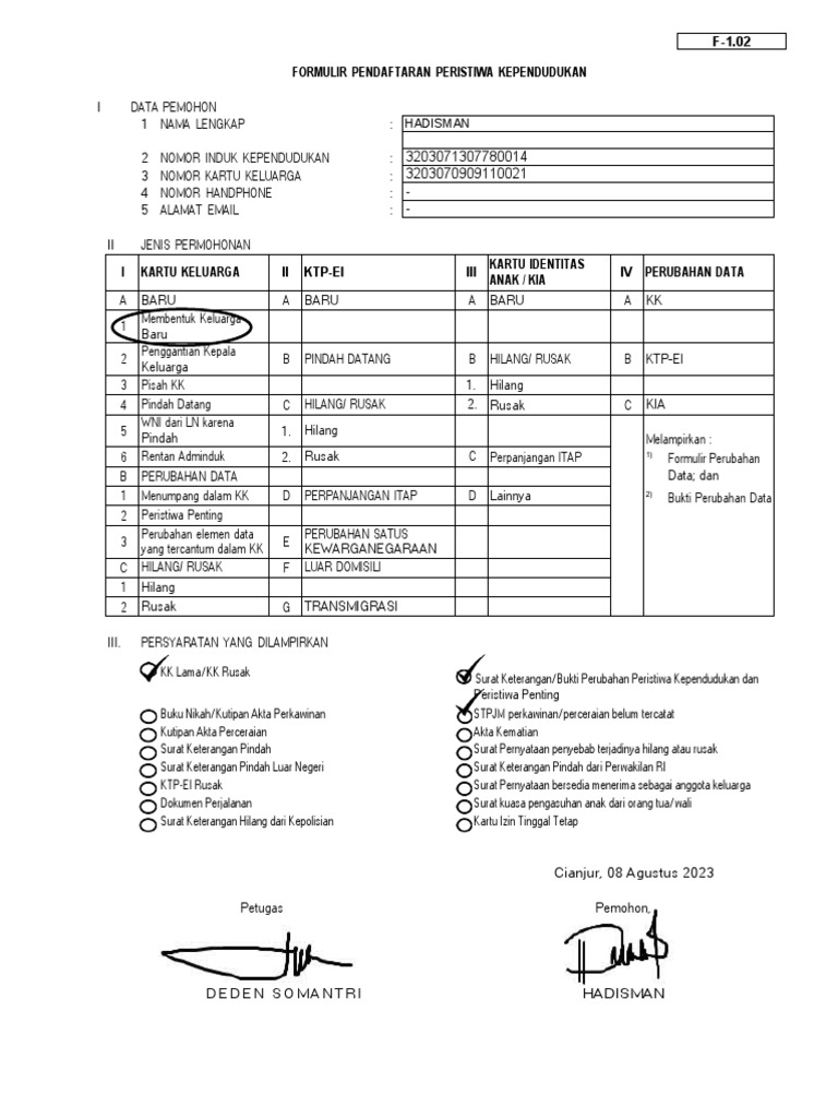 Formulir Pendaftaran Kependudukan | PDF