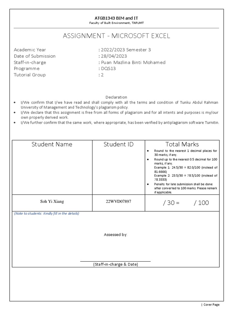 ATGB1343 Assignment MS Excel (Report) DQS13 (02) - Soh Yi Xiang | PDF ...