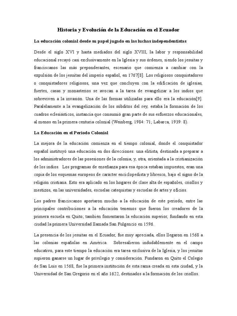 Historia y Evolución de La Educación en El Ecuador | PDF