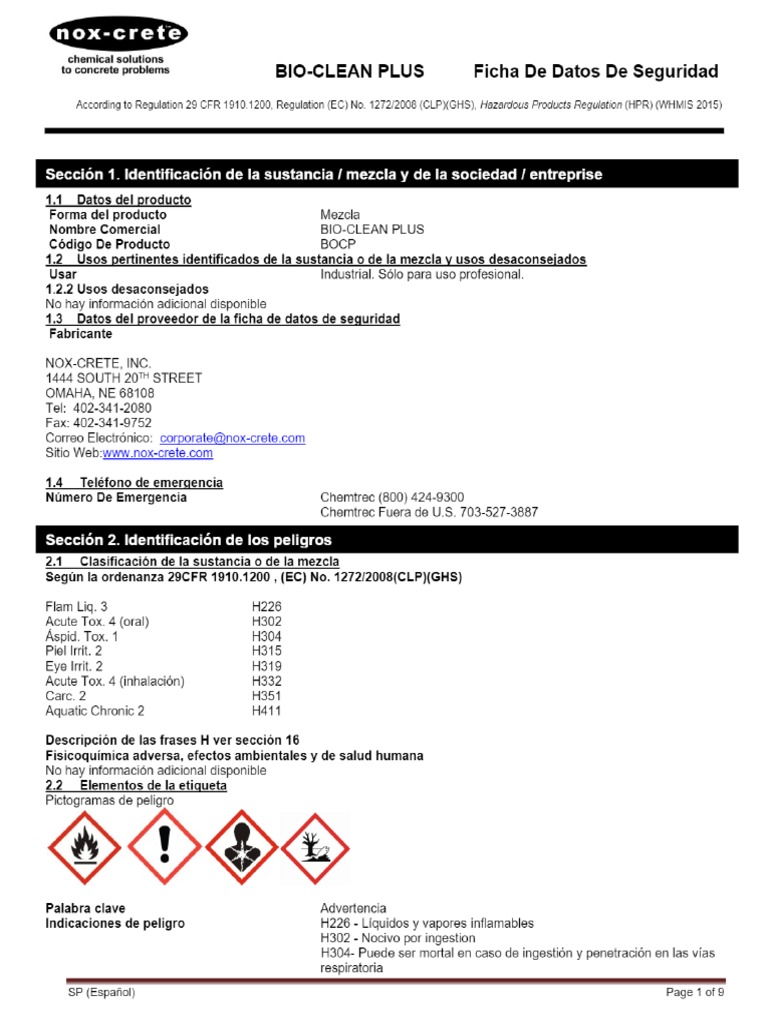 BIO-CLEAN PLUS Ficha de Datos de Seguridad | PDF