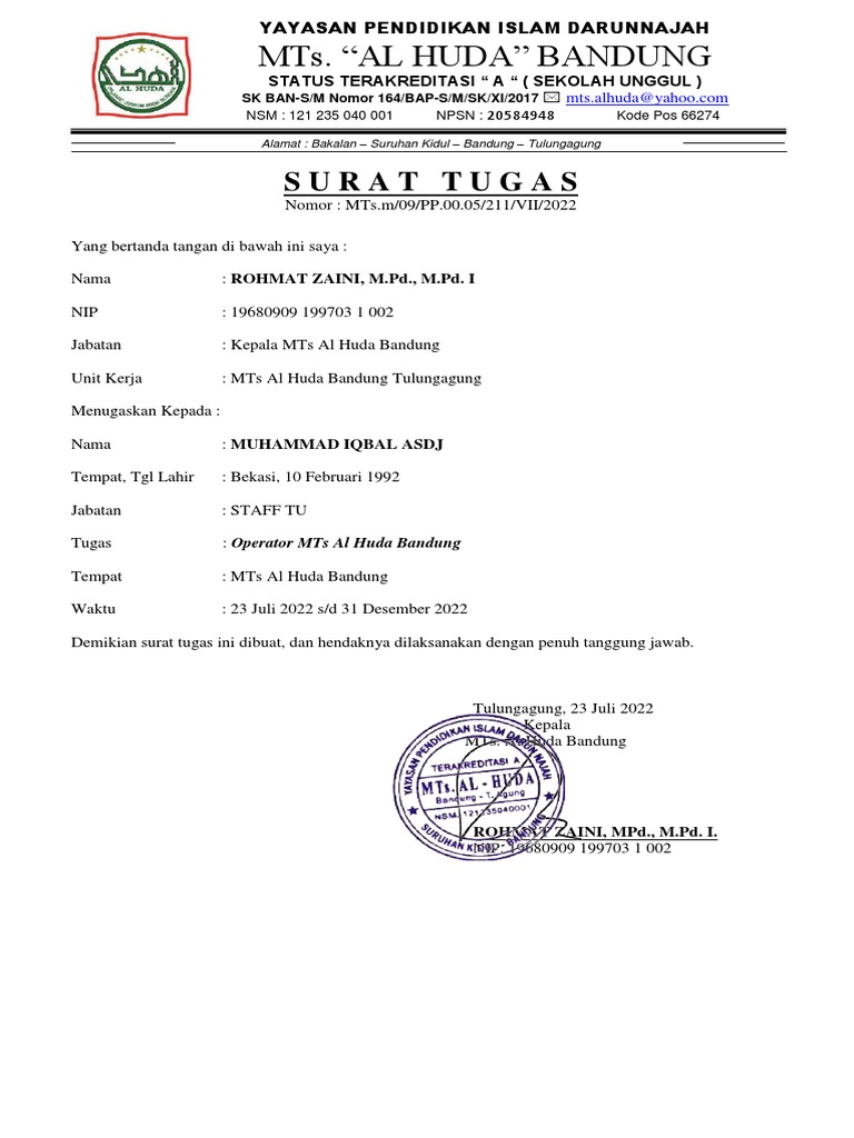 Surat Tugas Operator Mts Al Huda | PDF