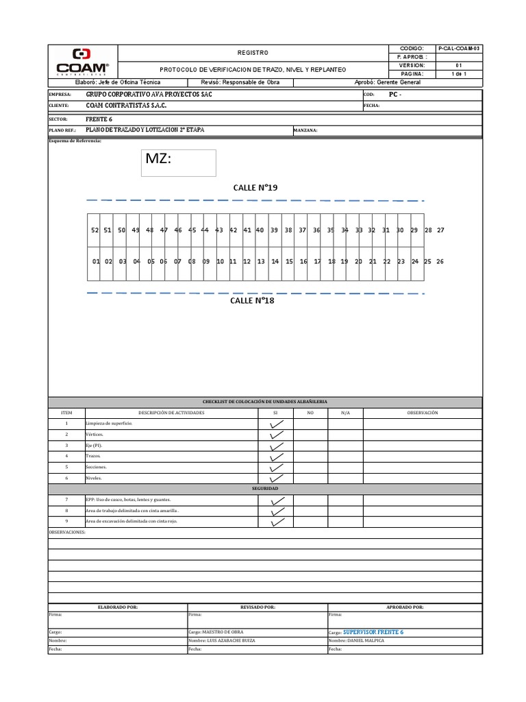 P-CAL-COAM-03 Protocolo de Verificación de Trazo, Nivel y Replanteo 13.01 | PDF