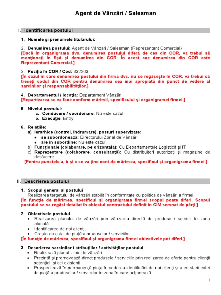 Fisa Postului Pentru Agent de Vanzari | PDF