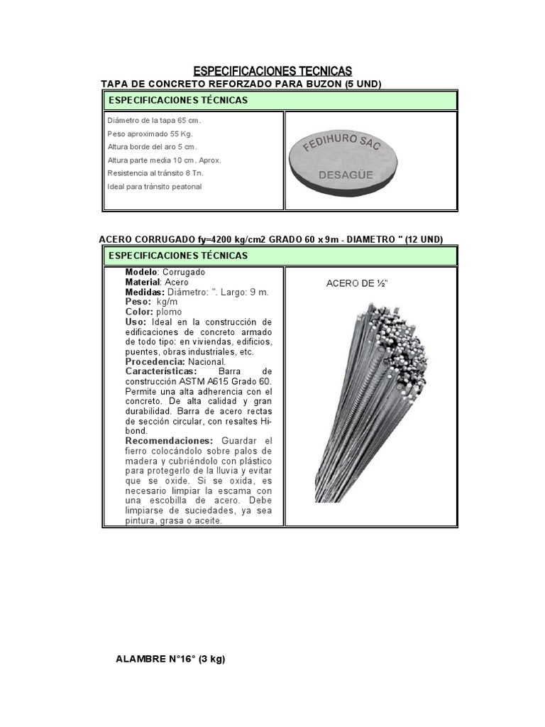 Esp Tec. Materiales Acero Concordia | PDF