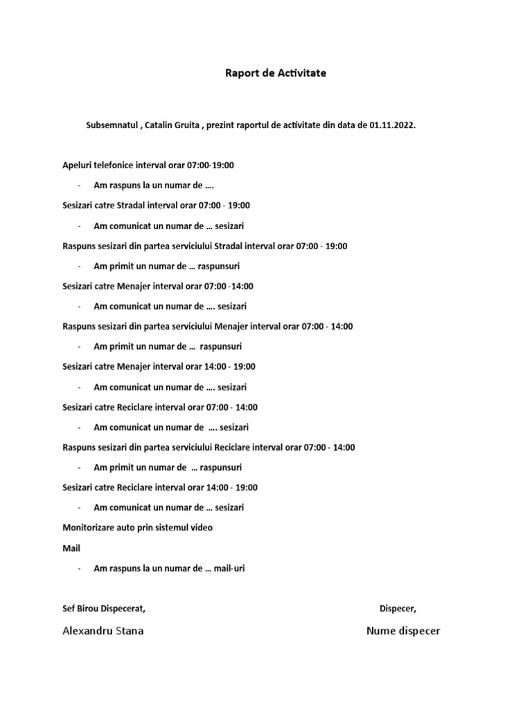 DRAFT Raport Activitate Dispecerat | PDF