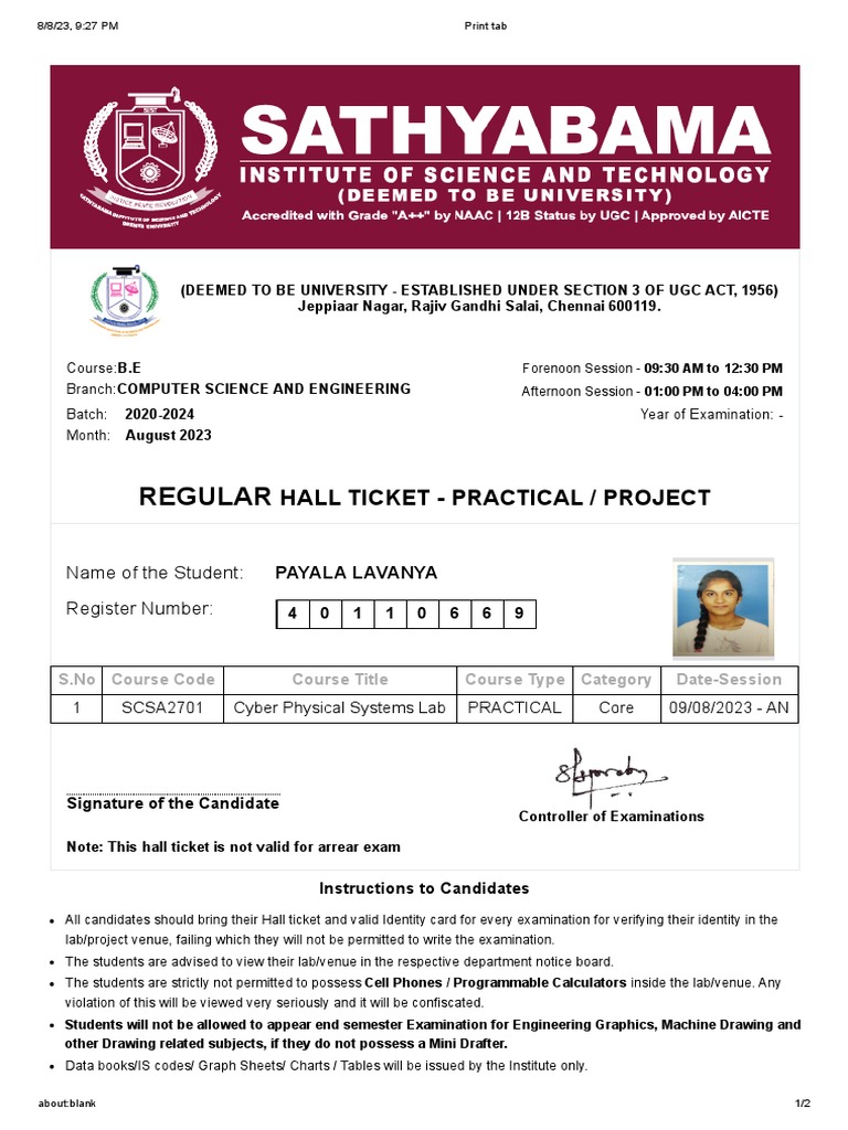 Practical Exam Hall Ticket for Payala | PDF | Computing | Computer Science