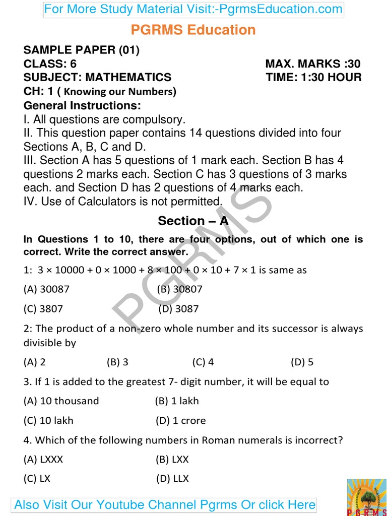 Class 6 Maths Chapter 1 Test Paper 01 | PDF