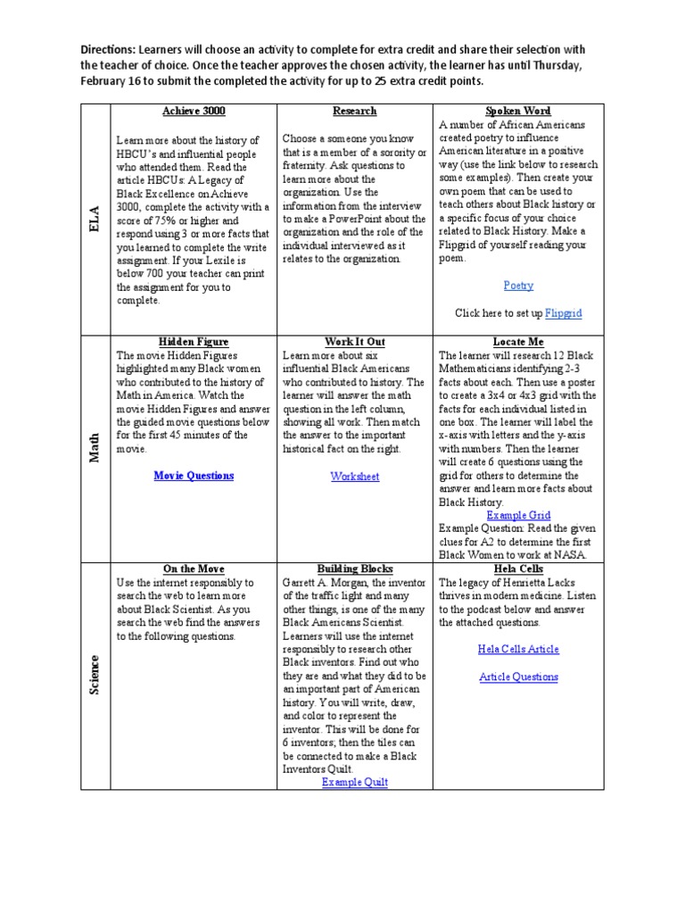 Extra Credit Activities for Black History | PDF | Learning | Poetry
