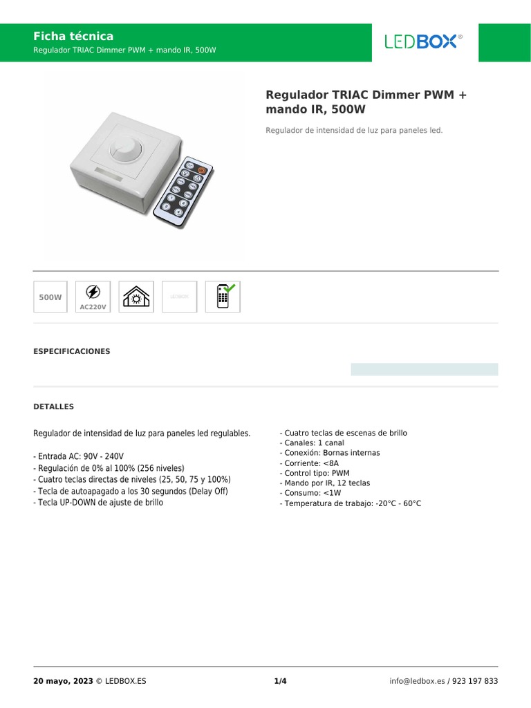 Regulador TRIAC Dimmer PWM + Mando IR, 500W | PDF