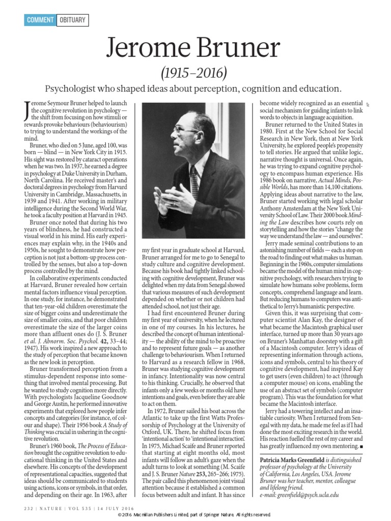Jerome Bruner: Pioneer of Cognition | PDF | Mind | Psychology