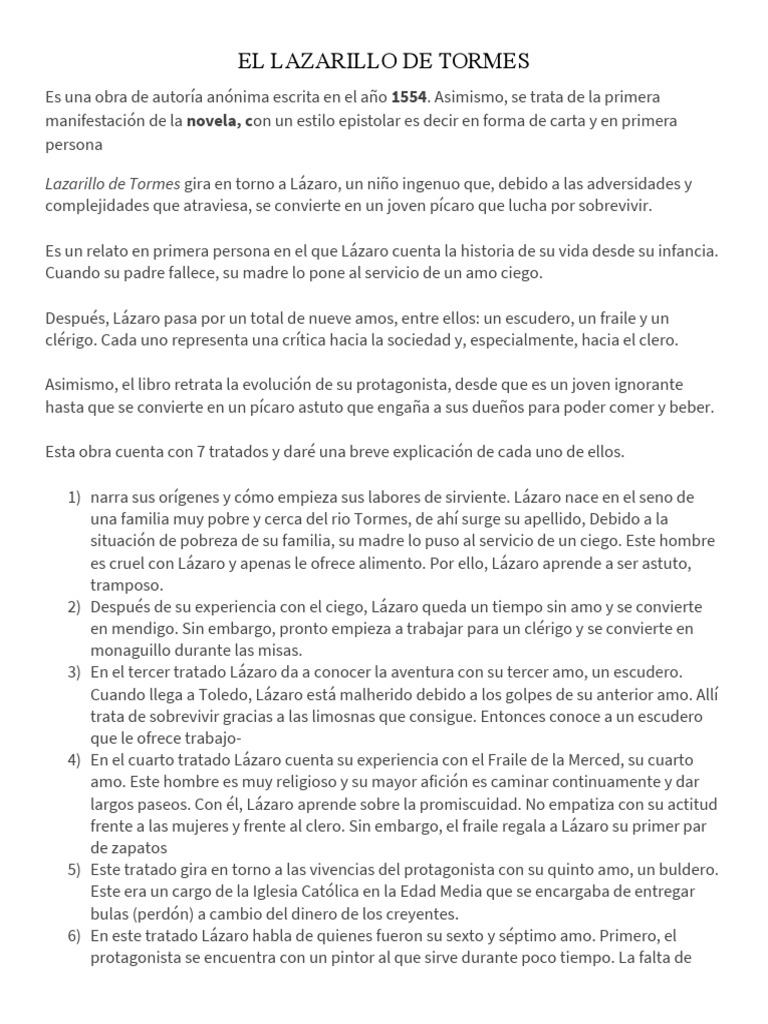 "Lazarillo de Tormes: Novela Picaresca" | PDF