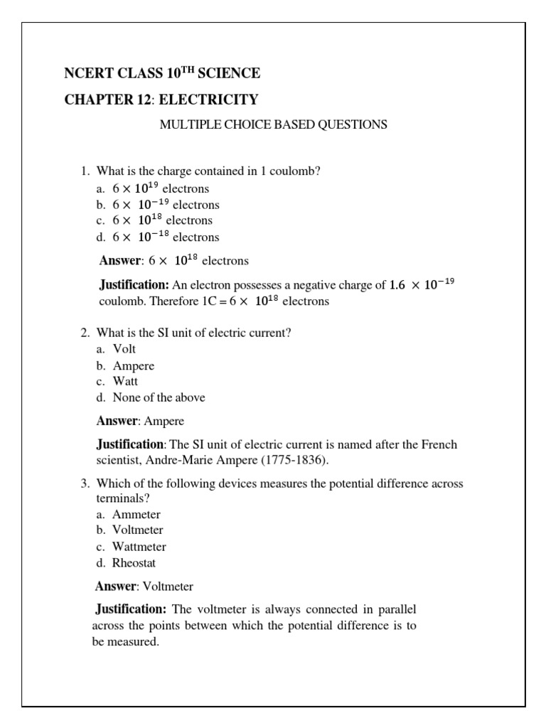 Ncert Class 10 Science Chapter 12: Electricity: Answer: 6 Justification: An Electron Possesses A ...