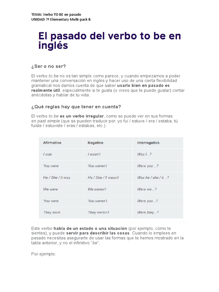 Verbo To BE en Pasado | PDF