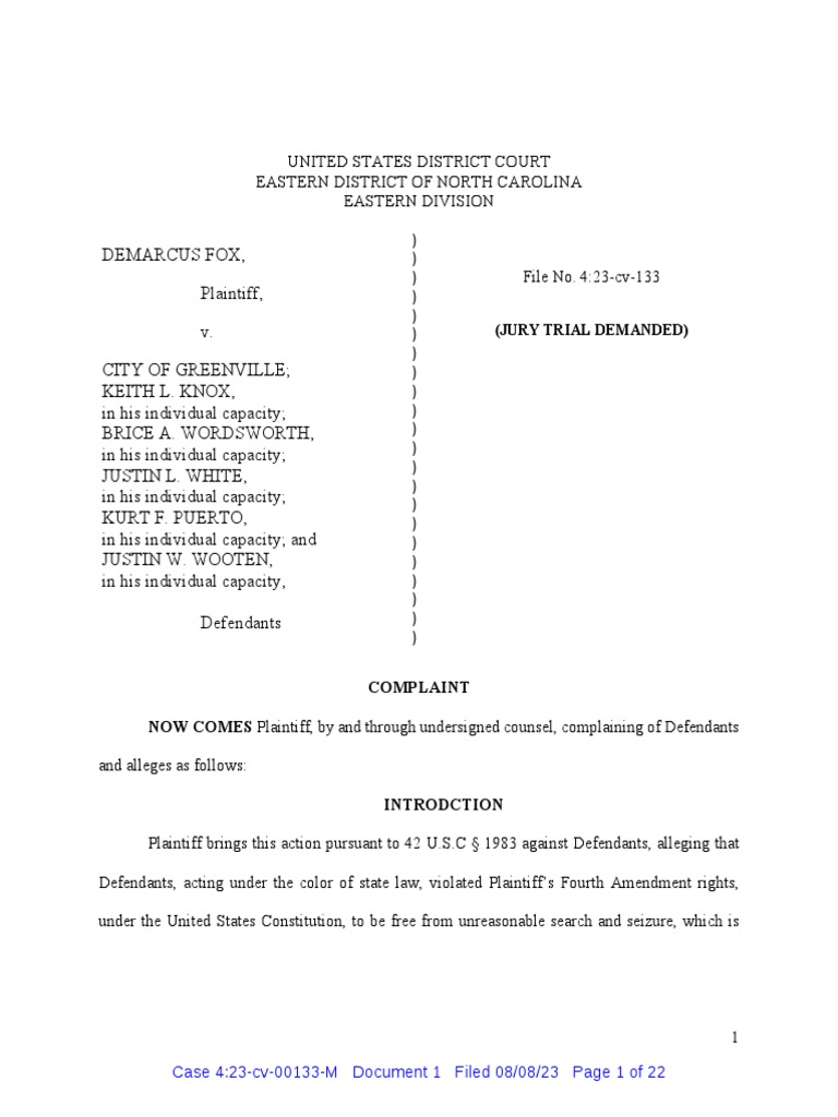 File-Stamped Federal Complaint, Demarcus Fox v. City of Greenville, Et Al., File No. 4.23-Cv-133 ...