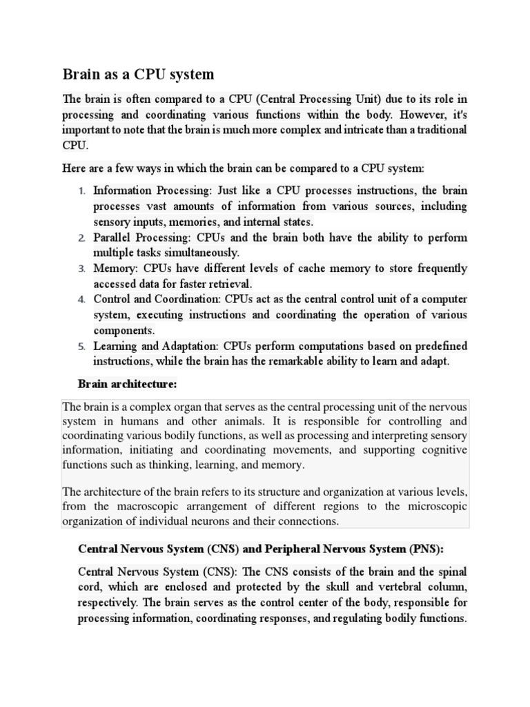 Brain As A CPU System | PDF | Nervous System | Central Nervous System