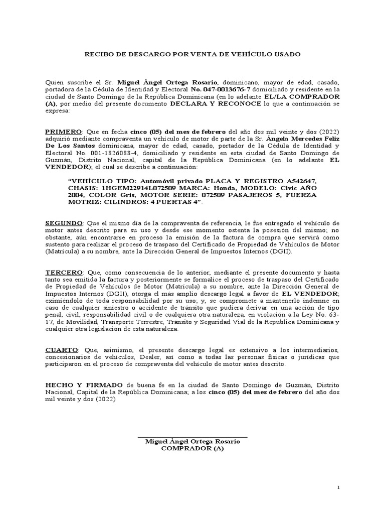 Modelo Recibo de Descargo Por Venta de Vehículo | PDF