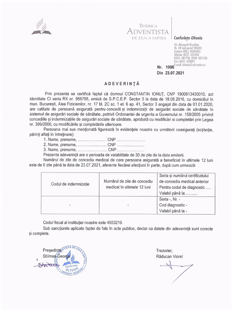 Adeverinta Constantin Ionut | PDF
