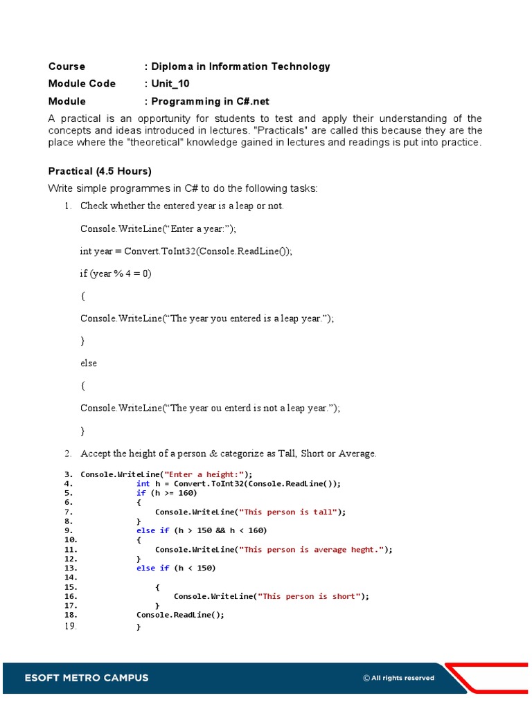 C# Programming Practical Tasks | PDF | C Sharp (Programming Language ...