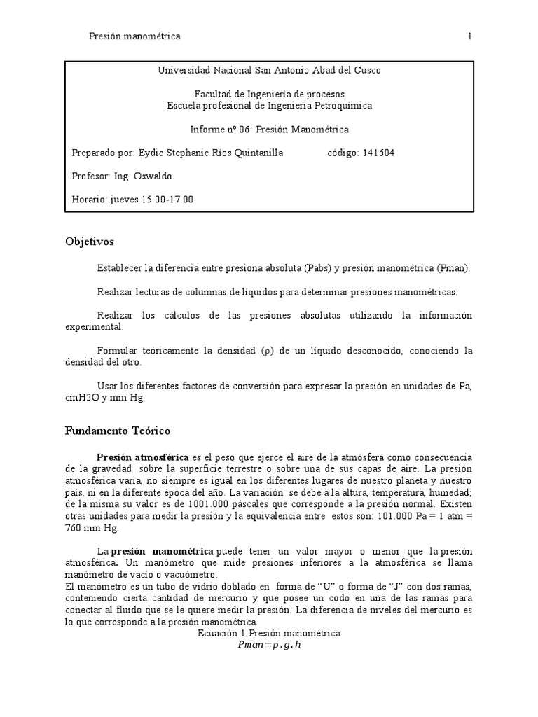 Diferencias entre Presión Manométrica y Absoluta | PDF | Presión ...