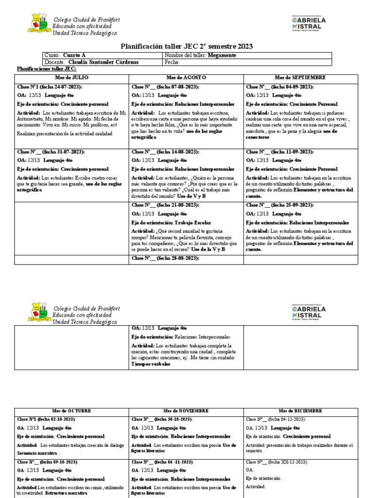 Plan Taller Jec Segundo Semestre | PDF | Comunicación humana