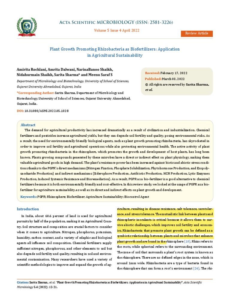 Acta Micro - 2022 - Amrita PGPR Biofertilizer | PDF | Soil | Microorganism