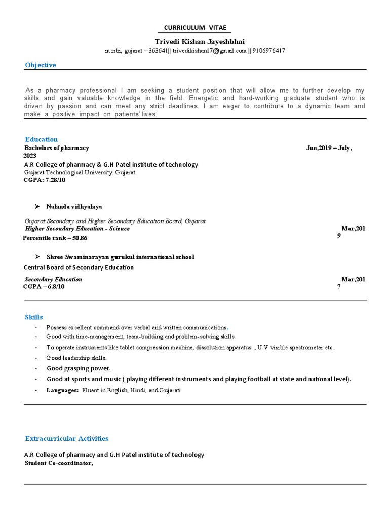 Kishan Trivedi Resume | PDF | Tablet (Pharmacy) | Pharmaceutical Formulation