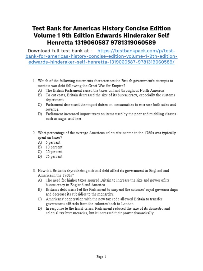 Americas History Concise Edition Volume 1 9th Edition Edwards Test Bank ...