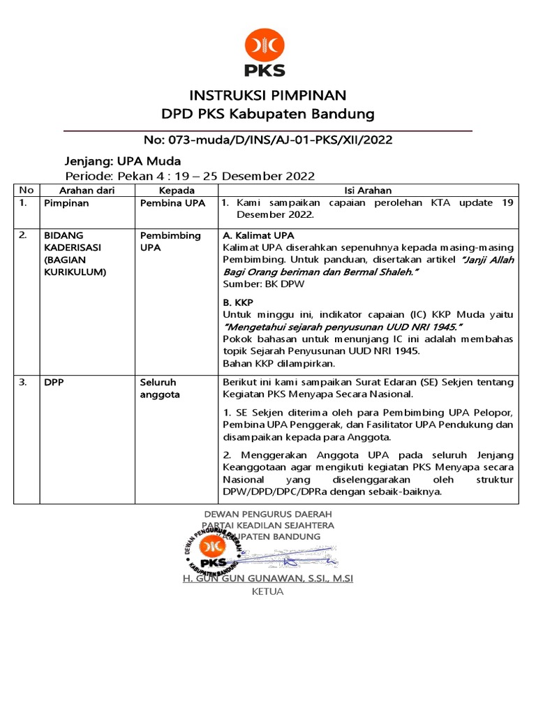 Instruksi Kegiatan UPA Muda PKS Bandung | PDF