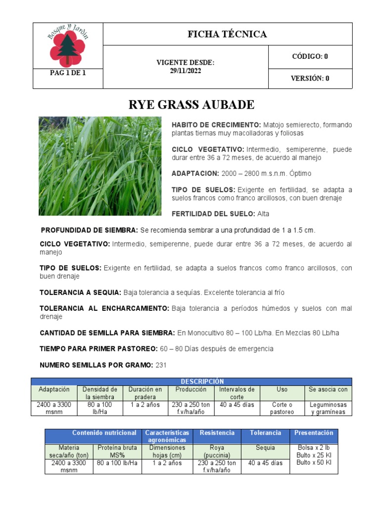 Ficha Técnica de Rye Grass Aubade | PDF