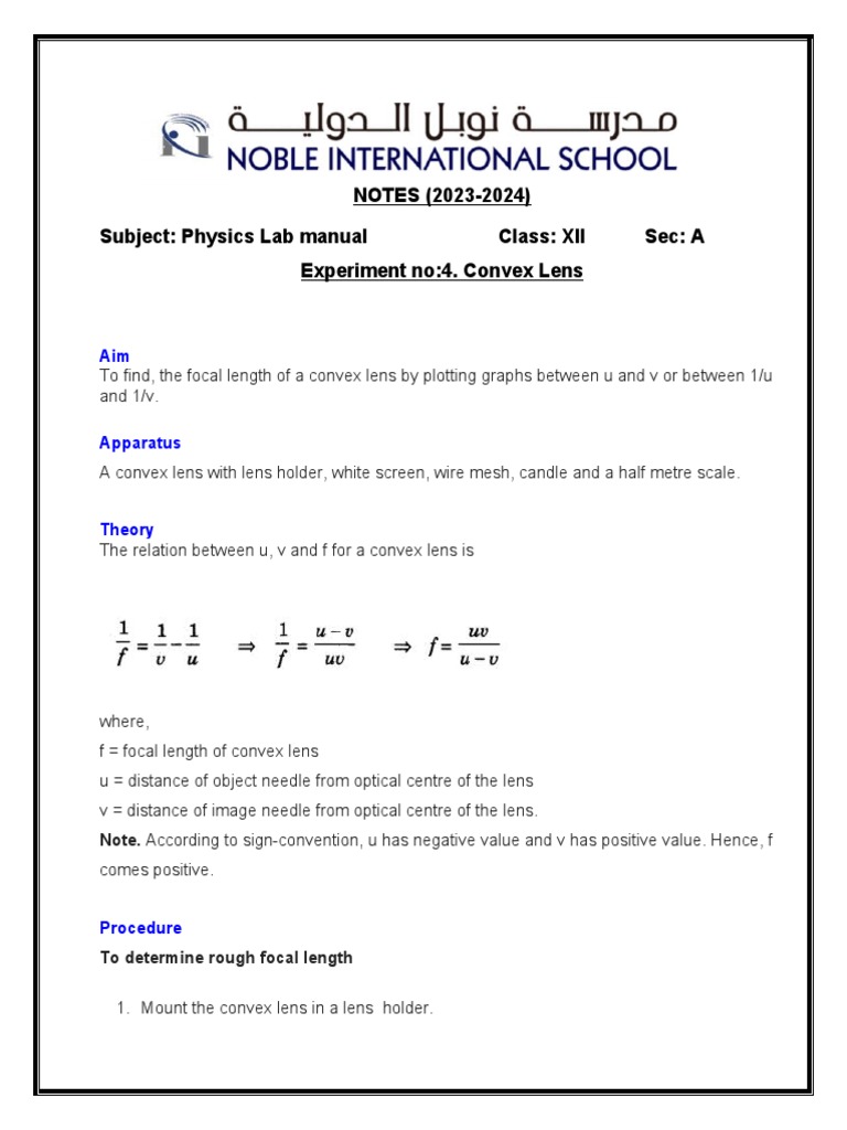 NOTES (2023-2024) Subject: Physics Lab Manual Class: Xii Sec: A ...