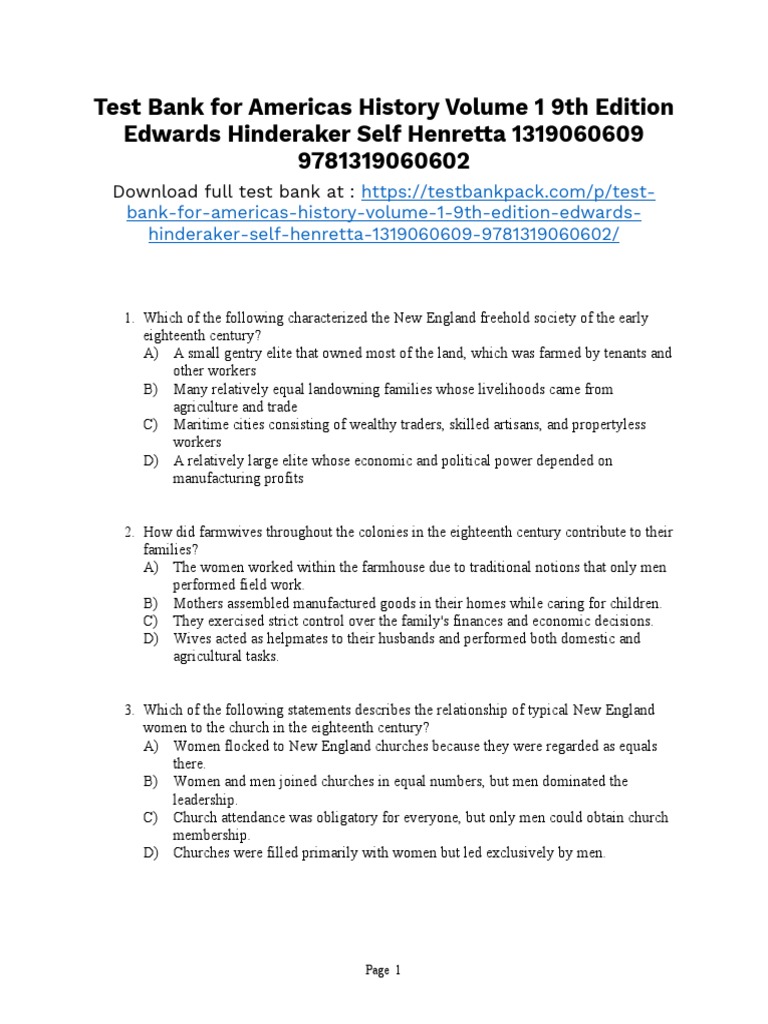 Americas History Volume 1 9th Edition Edwards Test Bank 1 | PDF