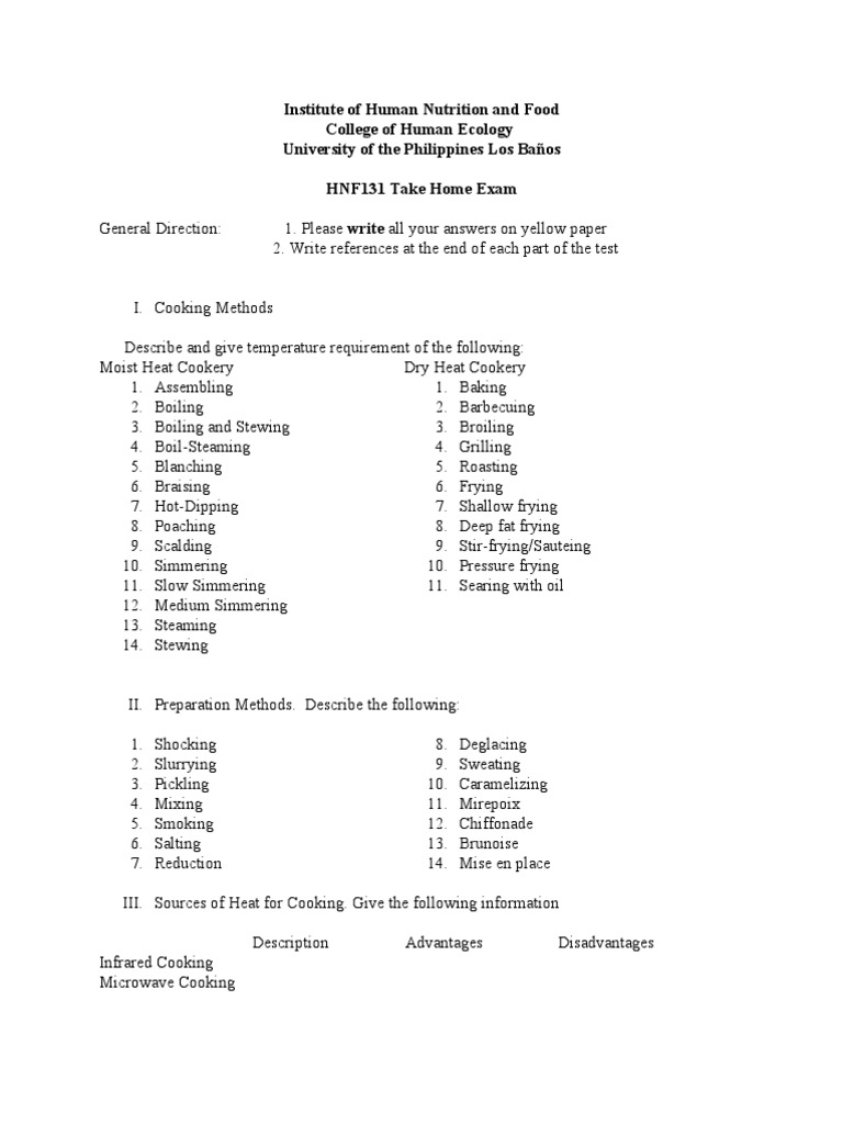 Nutrition Student Exam Guide: Cooking Methods, Ingredient Descriptions ...